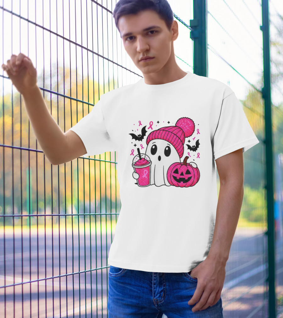 Spooky Ghost Pink Pumpkin Breast Cancer Awareness With Ribbon In October We Wear Pink T-Shirt