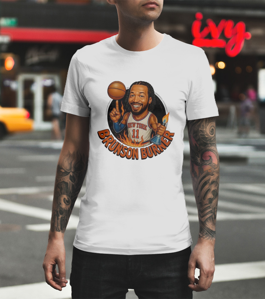 New York Knicks Brunson Burner Cartoon With Basketball And Flames T-Shirt