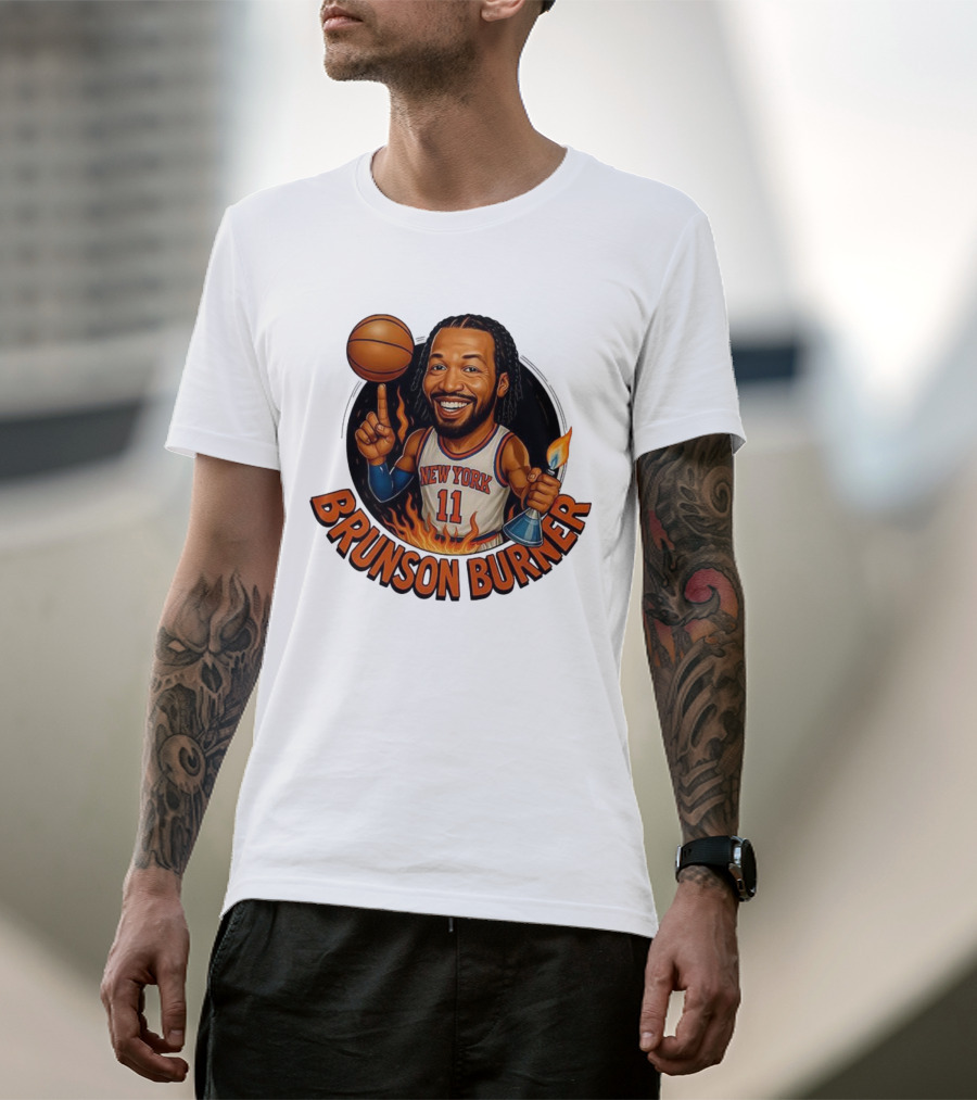 New York Knicks Brunson Burner Cartoon With Basketball And Flames T-Shirt