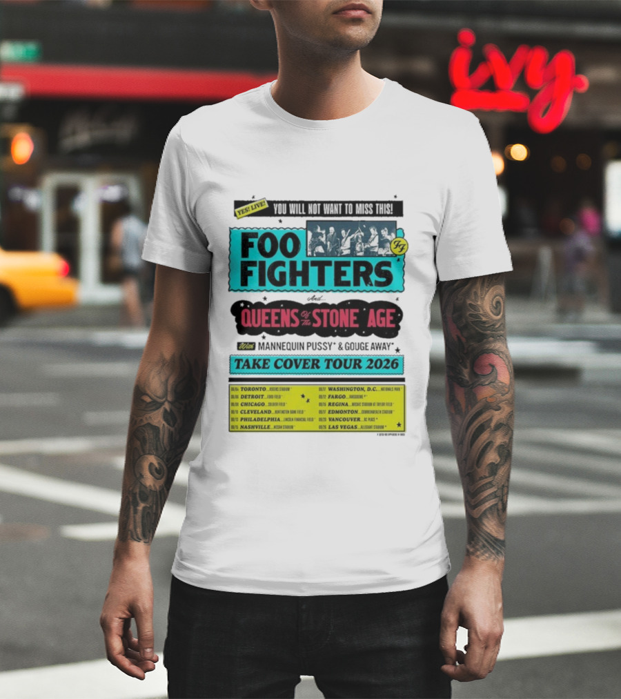 Foo Fighters Queens Of The Stone Age Take Cover Tour 2026 Dates Lineup Featuring Mannequin Pussy Gouge Away T-Shirt