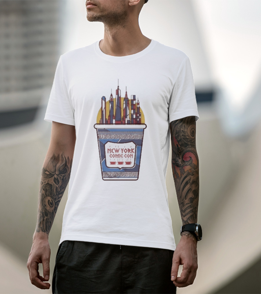 New York Comic Con 2025 Coffee Cup Skyline Tower Design T-Shirt
