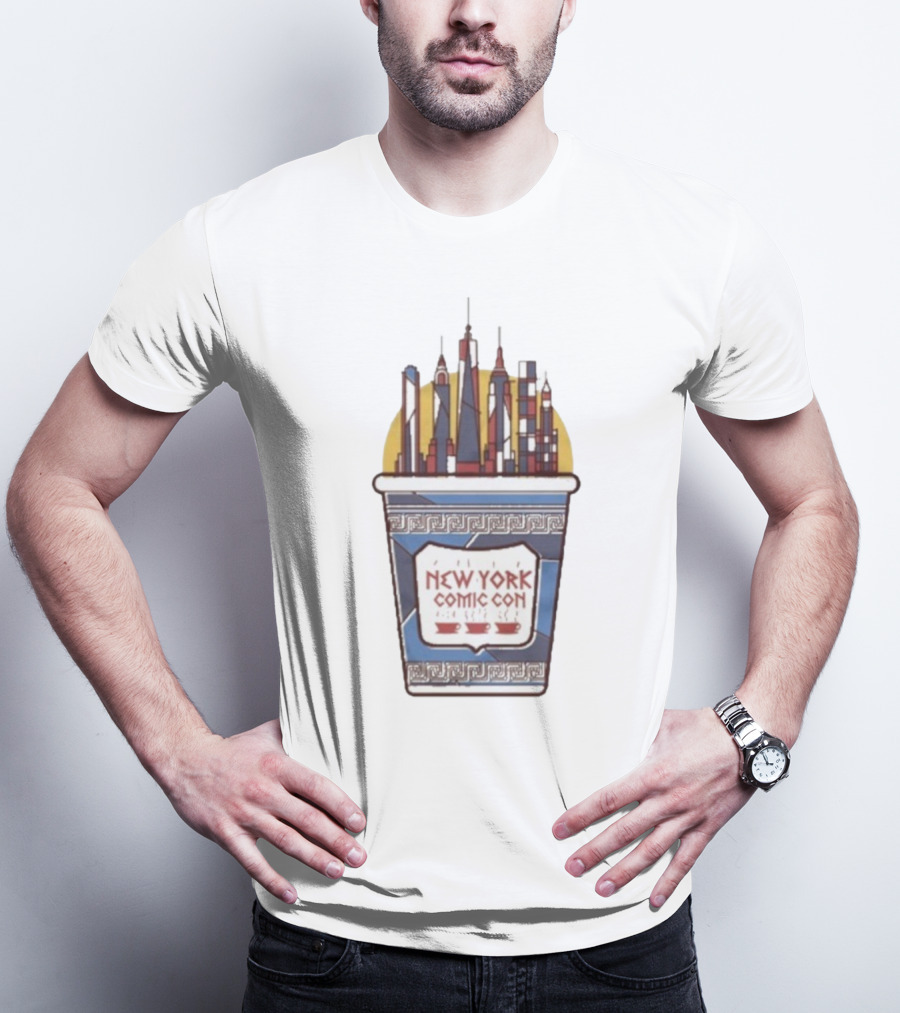 New York Comic Con 2025 Coffee Cup Skyline Tower Design T-Shirt