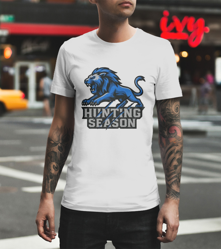 Detroit Lions Hunting Season Roaring Blue Lion NFL Fan Gear T-Shirt