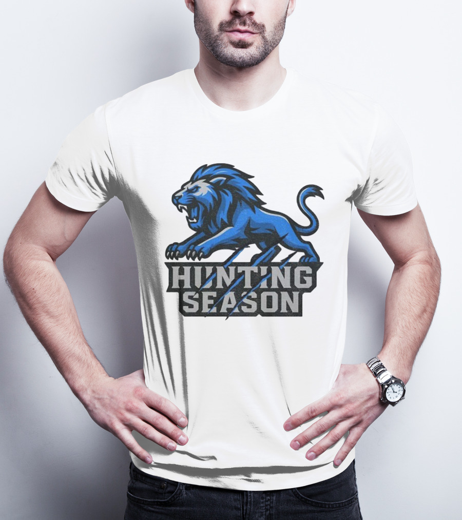 Detroit Lions Hunting Season Roaring Blue Lion NFL Fan Gear T-Shirt