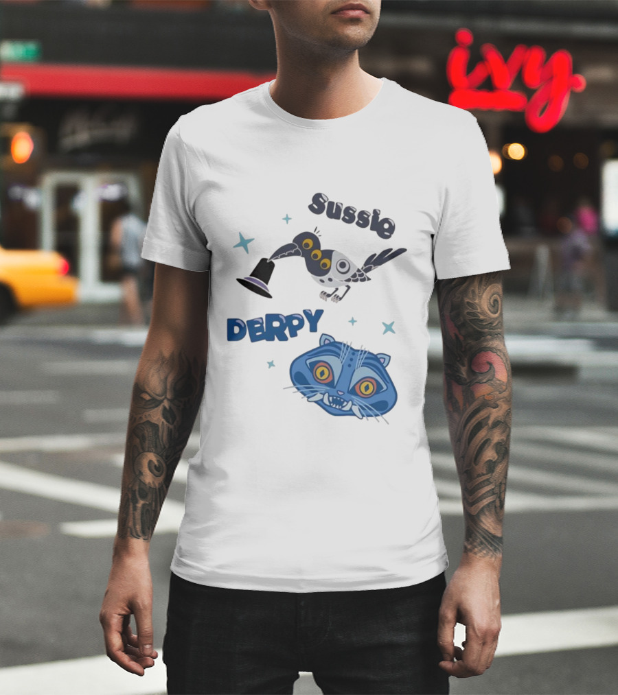Sussie Derpy Cartoon Bird And Tiger Characters With Stars KPop Demon Hunters T-Shirt