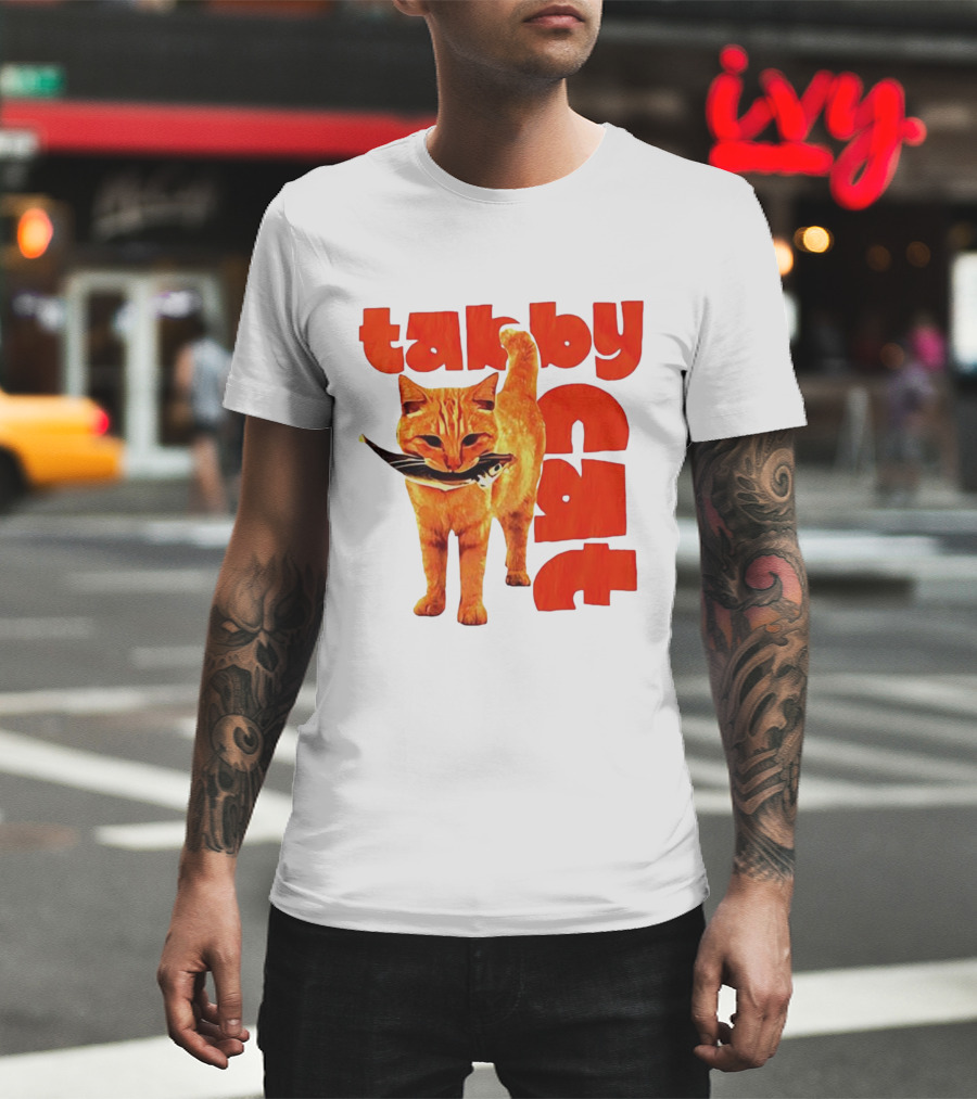 Tabby Cat Holding Fish Meme Retro Font T-Shirt
