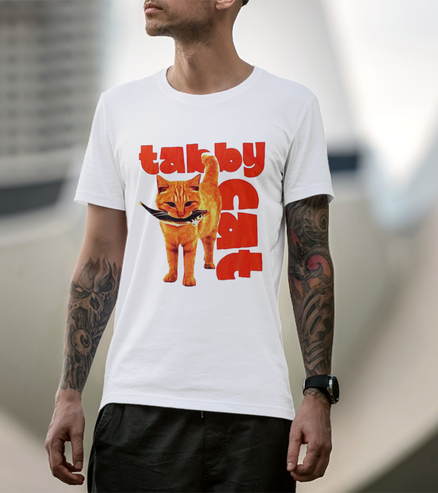Tabby Cat Holding Fish Meme Retro Font T-Shirt