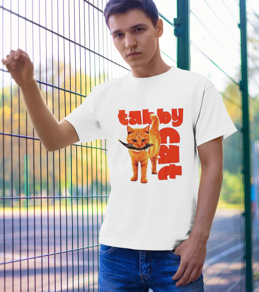 Tabby Cat Holding Fish Meme Retro Font T-Shirt
