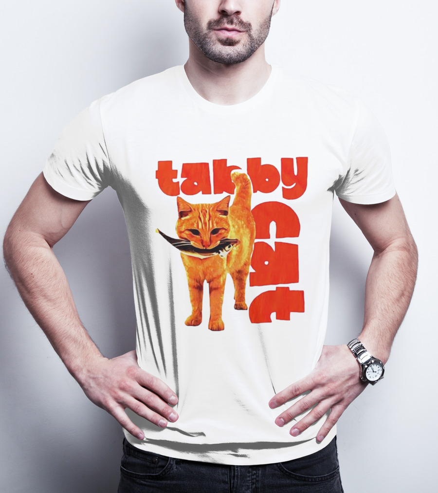 Tabby Cat Holding Fish Meme Retro Font T-Shirt