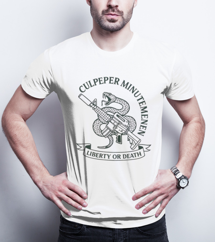 Culpeper Minutemen Liberty Or Death Rattlesnake And Rifle Emblem T-Shirt