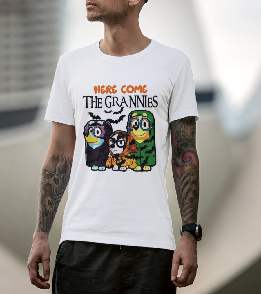 Here Come The Grannies Halloween Blue Dog Characters In Costumes T-Shirt