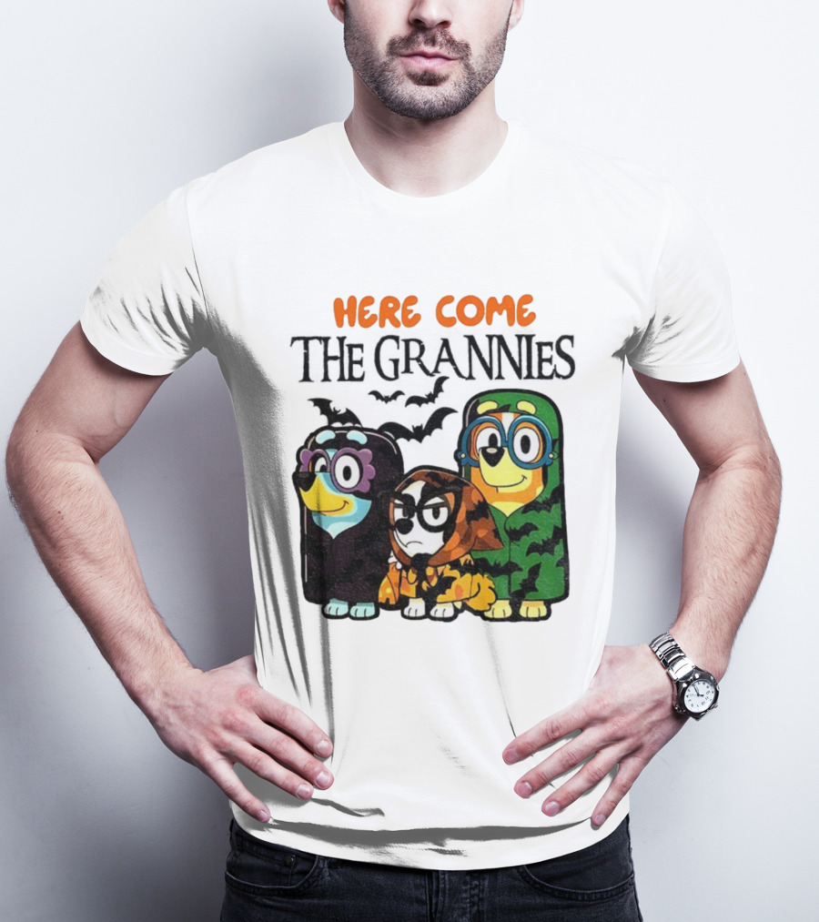 Here Come The Grannies Halloween Blue Dog Characters In Costumes T-Shirt