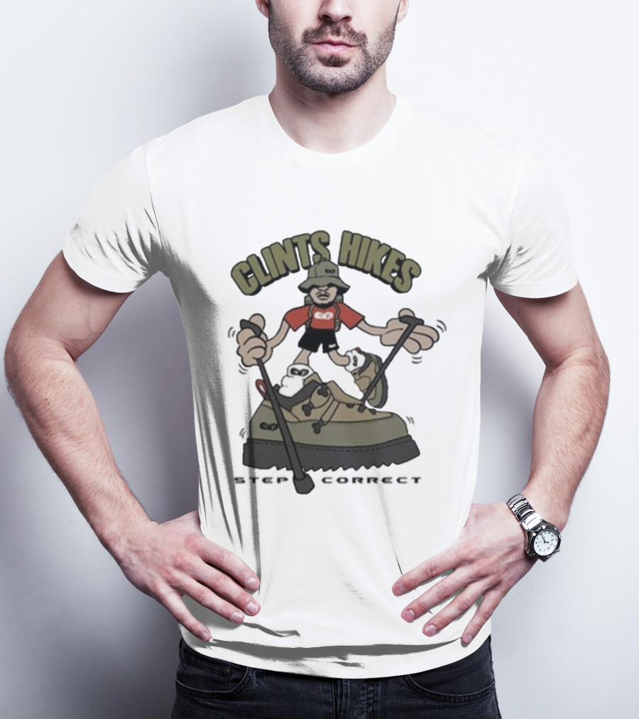 CLINTS HIKES Cartoon Hiker With Walking Sticks And Boots T-Shirt