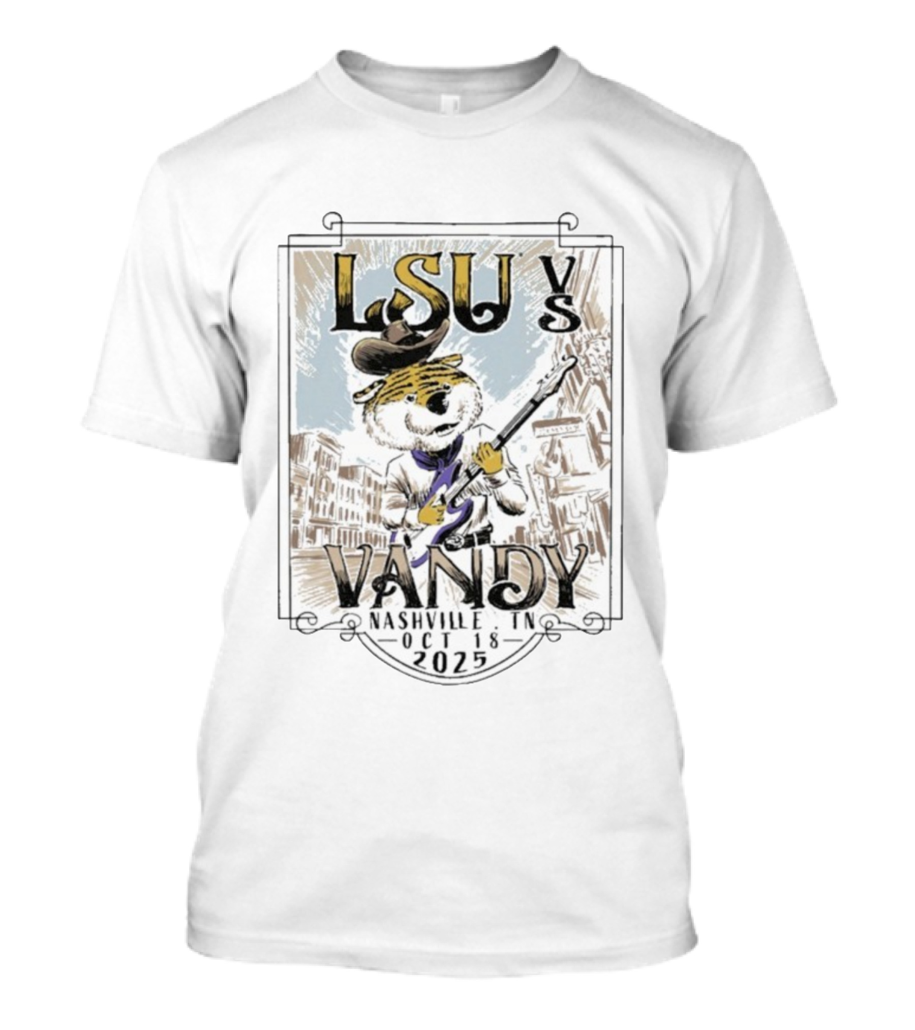 LSU Tigers Vs Vandy Vanderbilt Commodores Nashville TN Oct 18 2025 Mascot Guitar City Showdown T-Shirt
