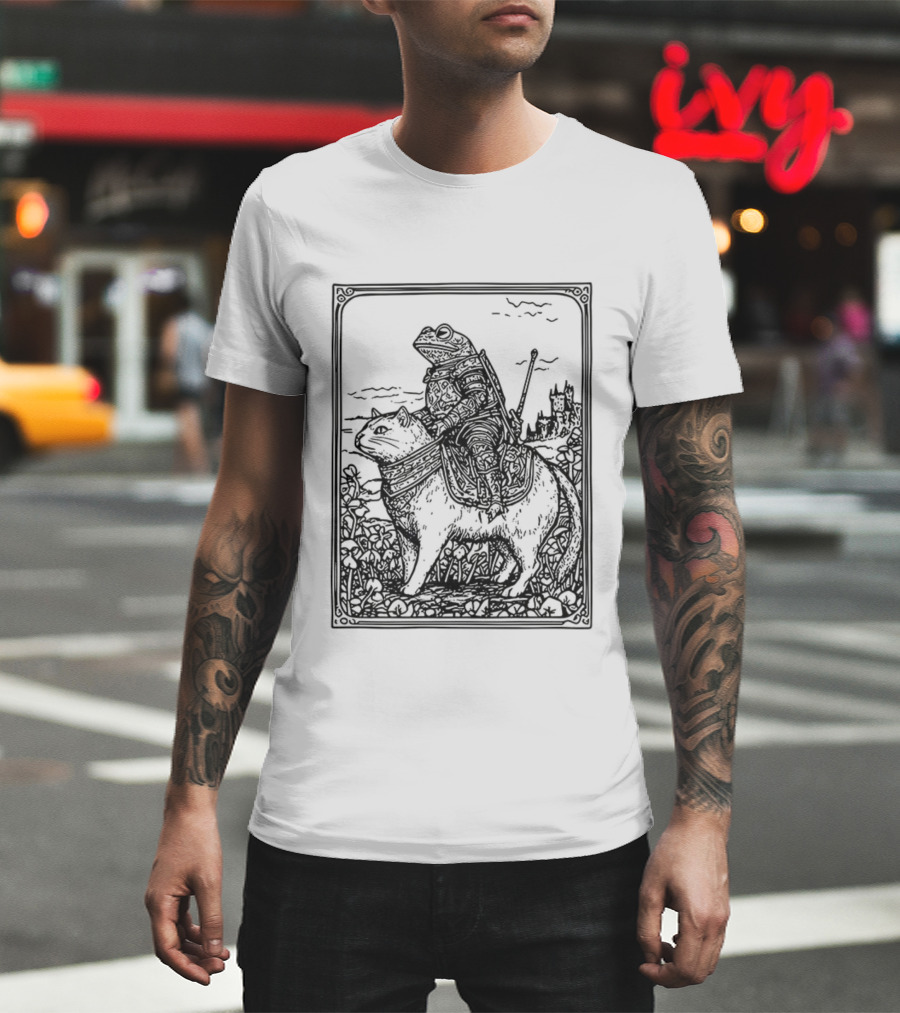 Medieval Frog Knight Riding A Cat In Armor Scene T-Shirt