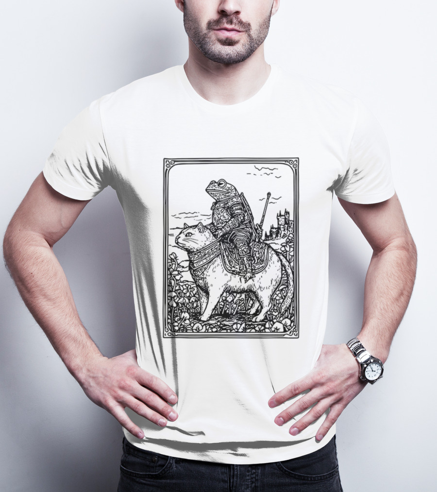Medieval Frog Knight Riding A Cat In Armor Scene T-Shirt