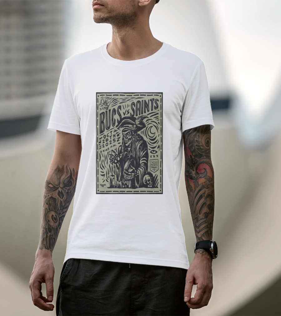 Bucs Vs Saints October 26 2025 4:05 P.M. 50 Seasons Pirate Skull Linocut T-Shirt