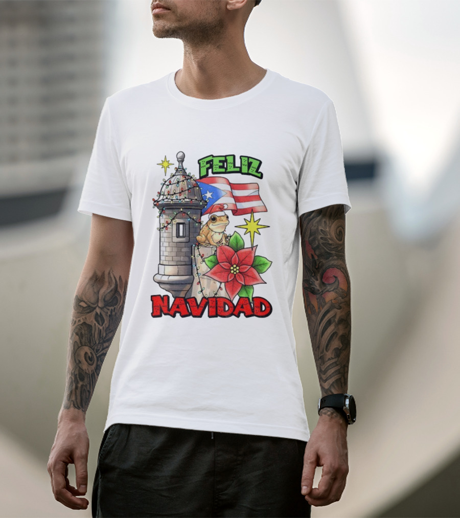 Puerto Rican Christmas Coqui Feliz Navidad Flag Poinsettia Lights T-Shirt