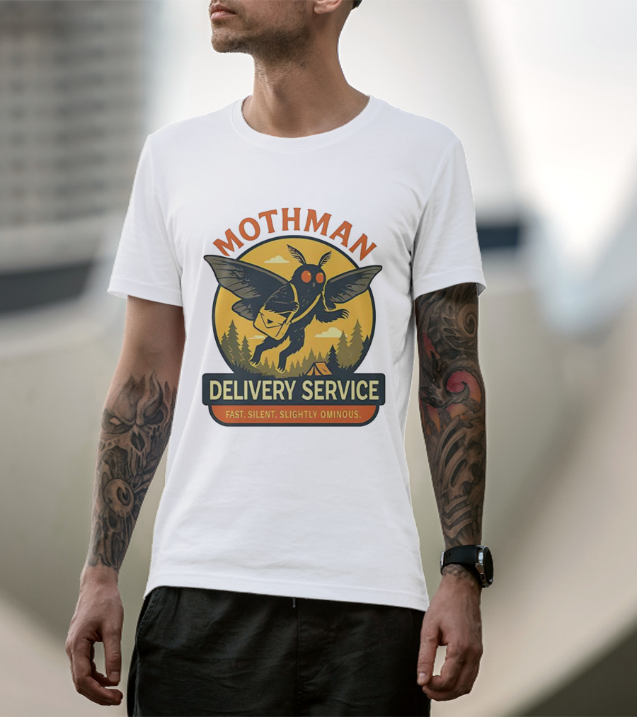Mothman Delivery Service Fast Silent Slightly Ominous Retro Forest Imagery T-Shirt