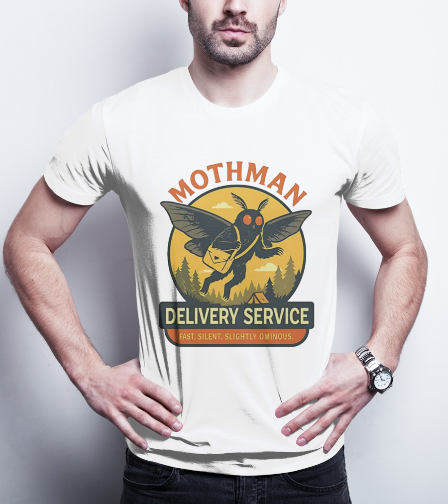 Mothman Delivery Service Fast Silent Slightly Ominous Retro Forest Imagery T-Shirt
