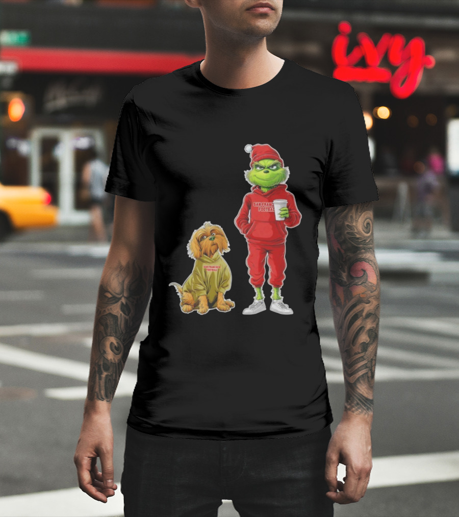 San Francisco Football Grinch And Dog Christmas 49ers Holiday T-Shirt