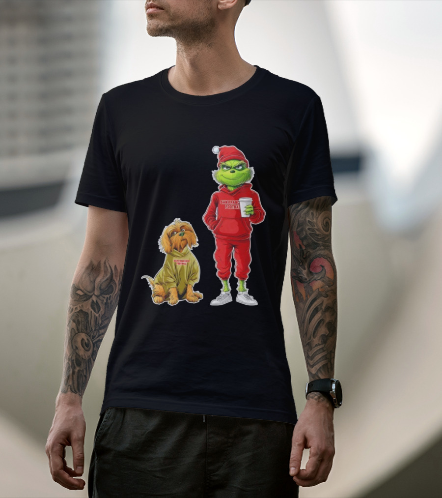 San Francisco Football Grinch And Dog Christmas 49ers Holiday T-Shirt