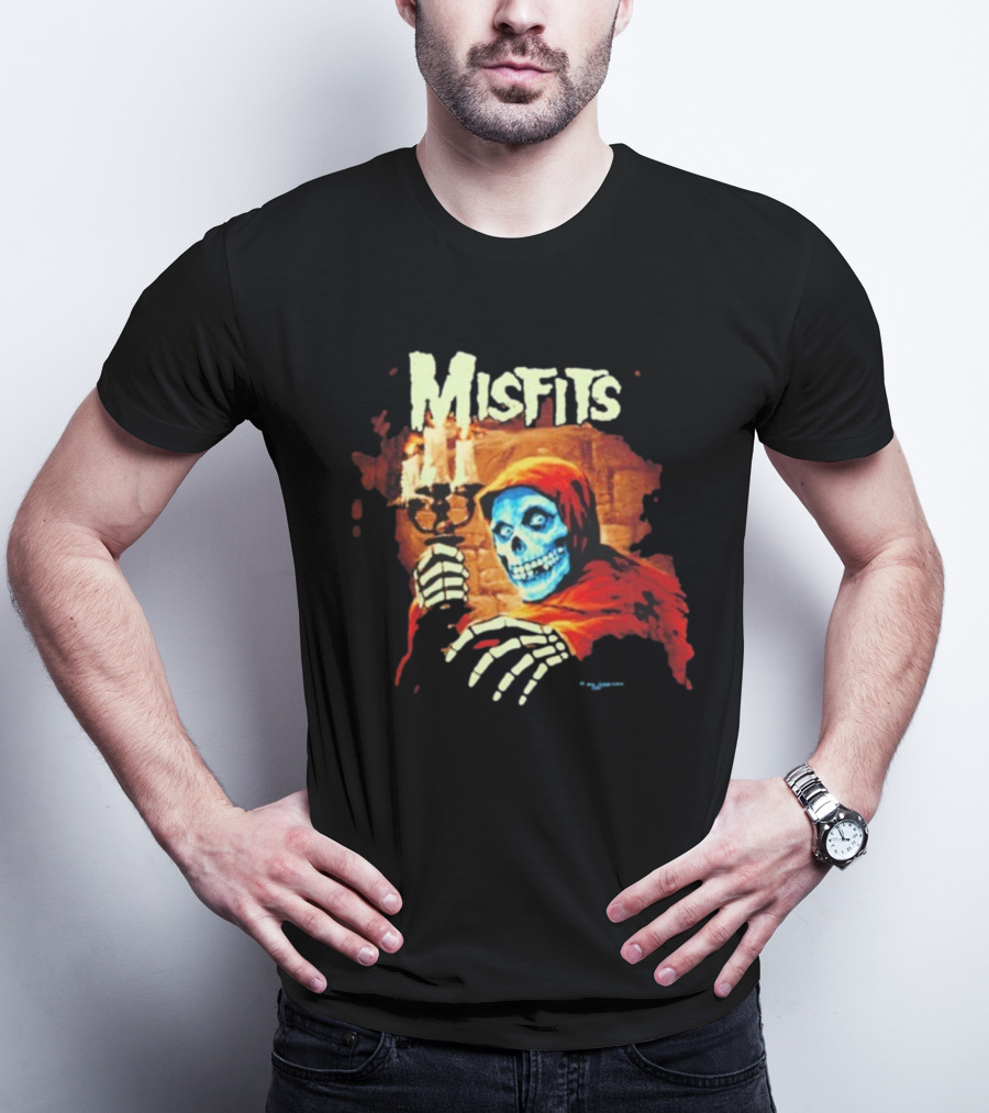 Misfits Candle Holding Skeleton In Red Hood T-Shirt