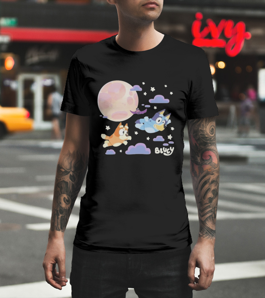 Bluey Sleepy Time Characters Flying With Moon And Stars T-Shirt