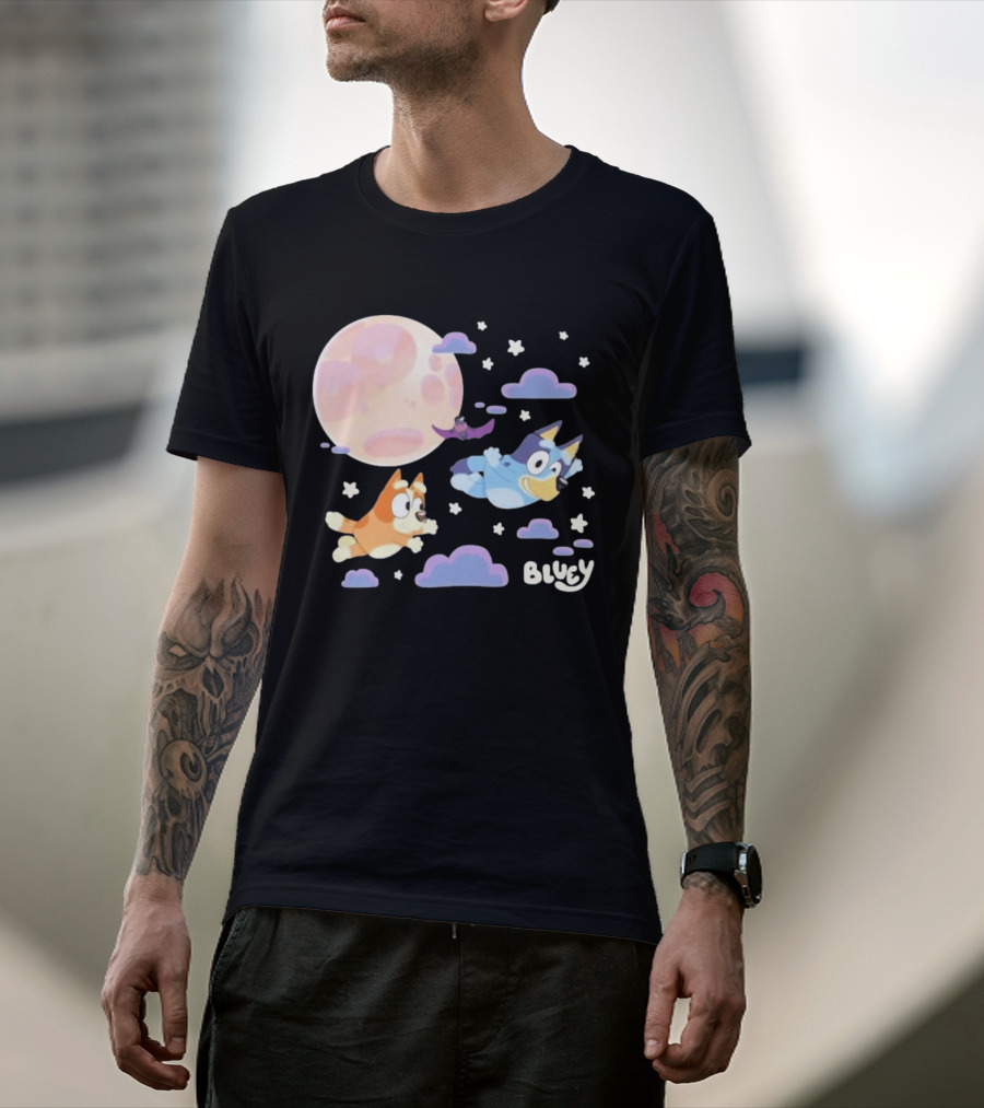 Bluey Sleepy Time Characters Flying With Moon And Stars T-Shirt
