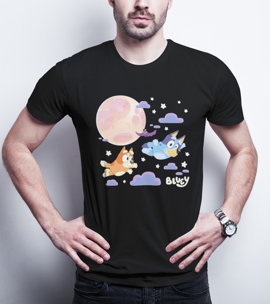 Bluey Sleepy Time Characters Flying With Moon And Stars T-Shirt