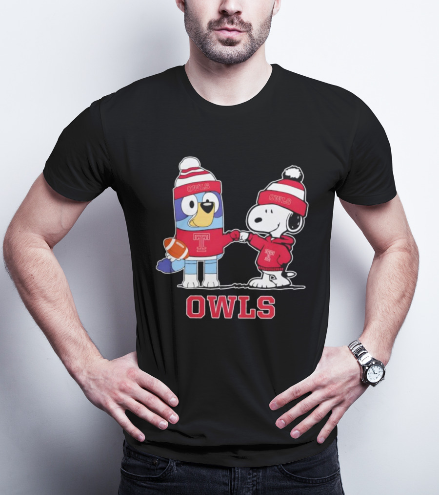 Snoopy Bluey Temple Owls Football Collaboration T-Shirt