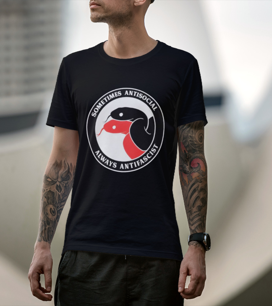Sometimes Antisocial Always Antifascist Snakes Circle Logo Two Snakes Black And Red T-Shirt