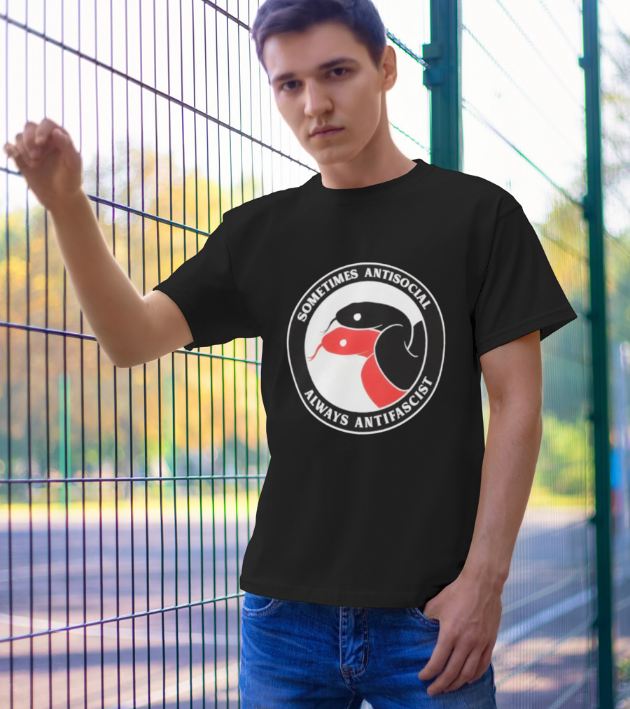 Sometimes Antisocial Always Antifascist Snakes Circle Logo Two Snakes Black And Red T-Shirt