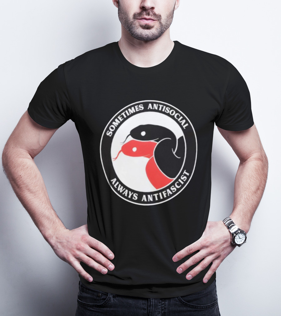 Sometimes Antisocial Always Antifascist Snakes Circle Logo Two Snakes Black And Red T-Shirt