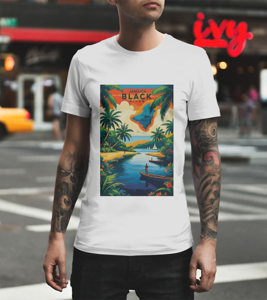 Jamaica Black River Vintage Travel Tropical Scenery With Palm Trees And Boats T-Shirt