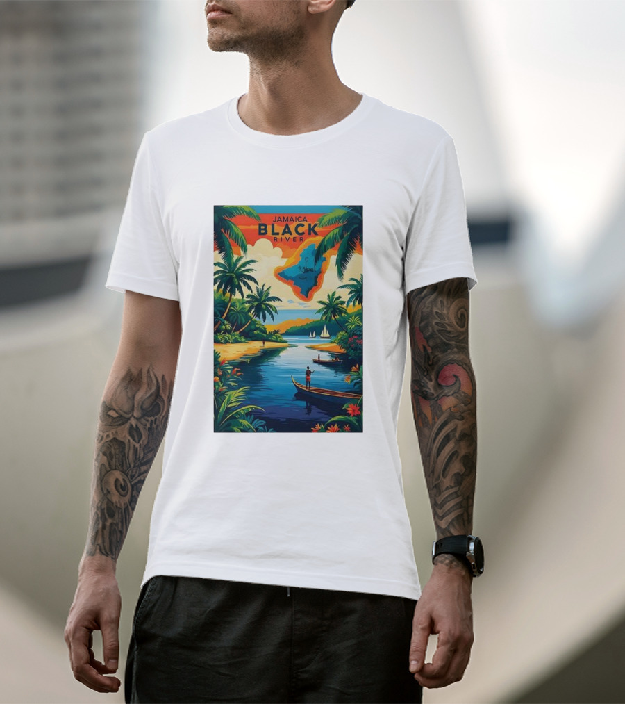 Jamaica Black River Vintage Travel Tropical Scenery With Palm Trees And Boats T-Shirt