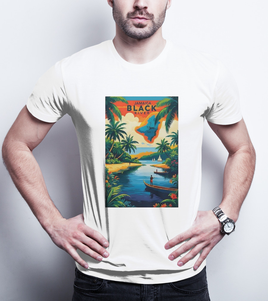 Jamaica Black River Vintage Travel Tropical Scenery With Palm Trees And Boats T-Shirt