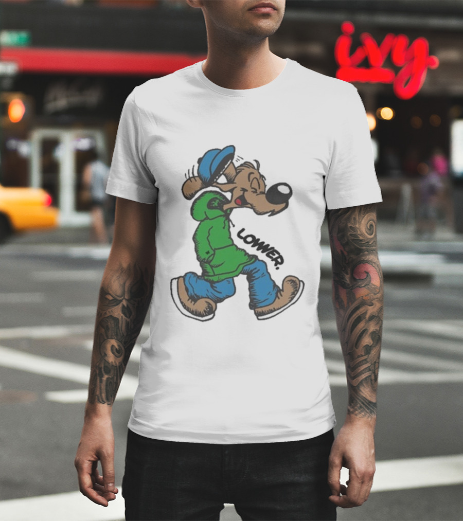 Lower Billie Hood Walkin Cartoon Character In Green And Blue Cap T-Shirt