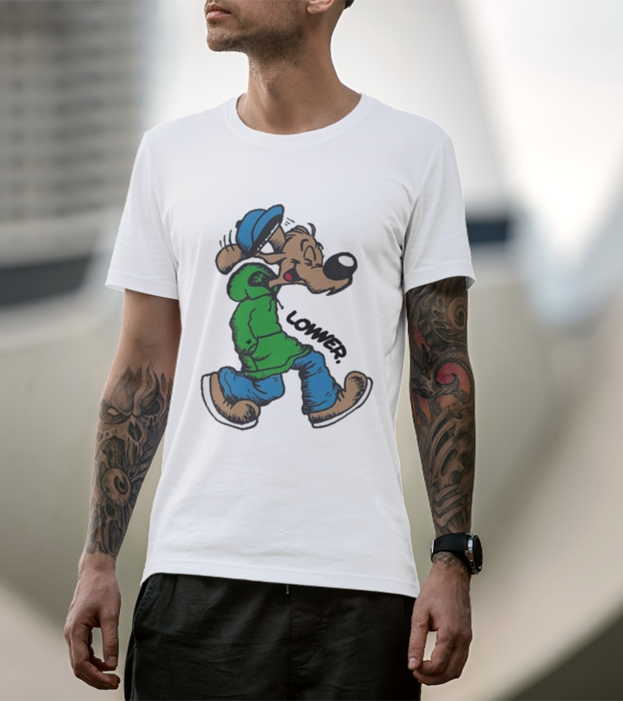 Lower Billie Hood Walkin Cartoon Character In Green And Blue Cap T-Shirt