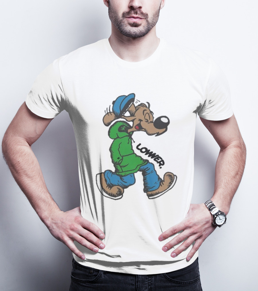 Lower Billie Hood Walkin Cartoon Character In Green And Blue Cap T-Shirt