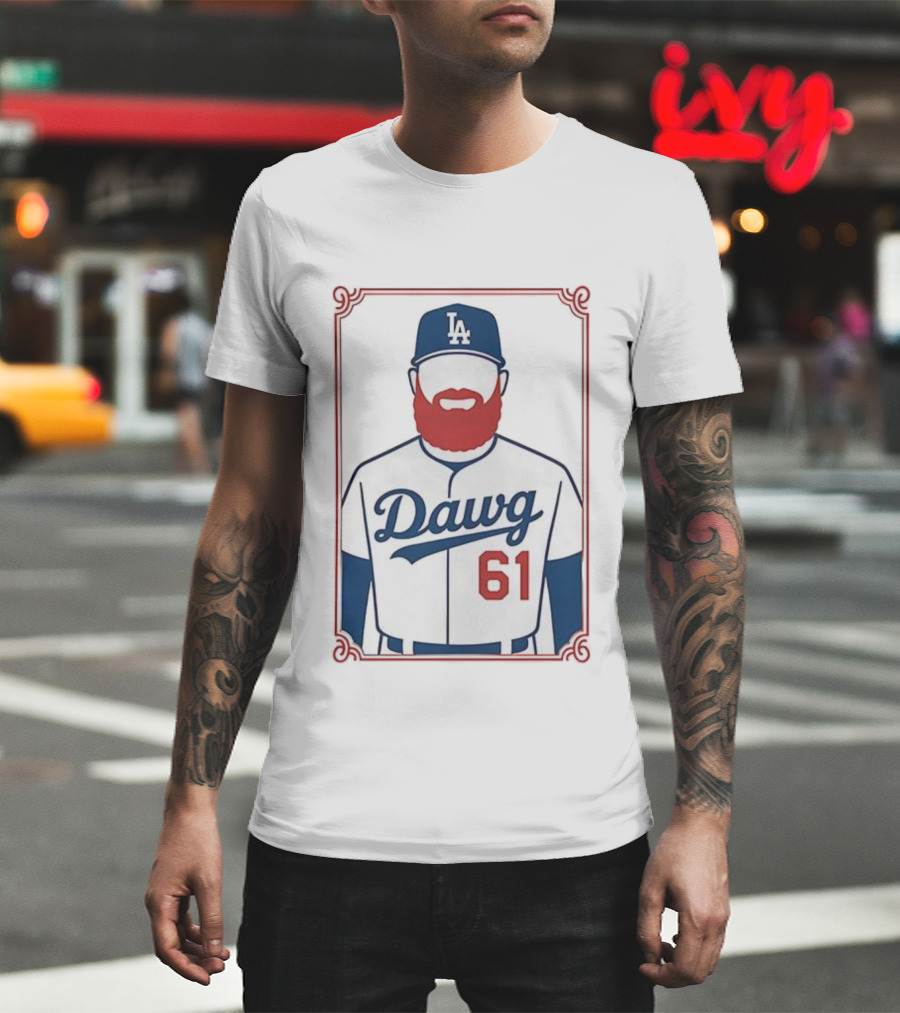 LA Dodgers Dawg 61 Baseball Player Red Beard Iconic Design T-Shirt