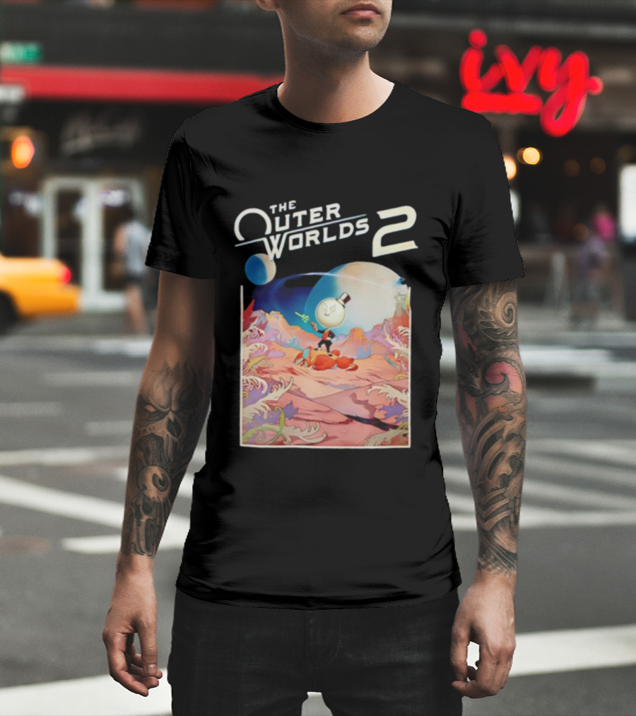 The Outer Worlds 2 Surreal Landscape With Cartoon Character T-Shirt
