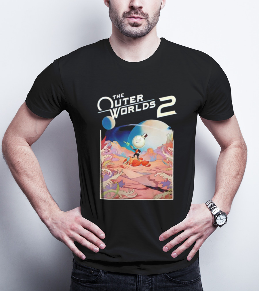 The Outer Worlds 2 Surreal Landscape With Cartoon Character T-Shirt