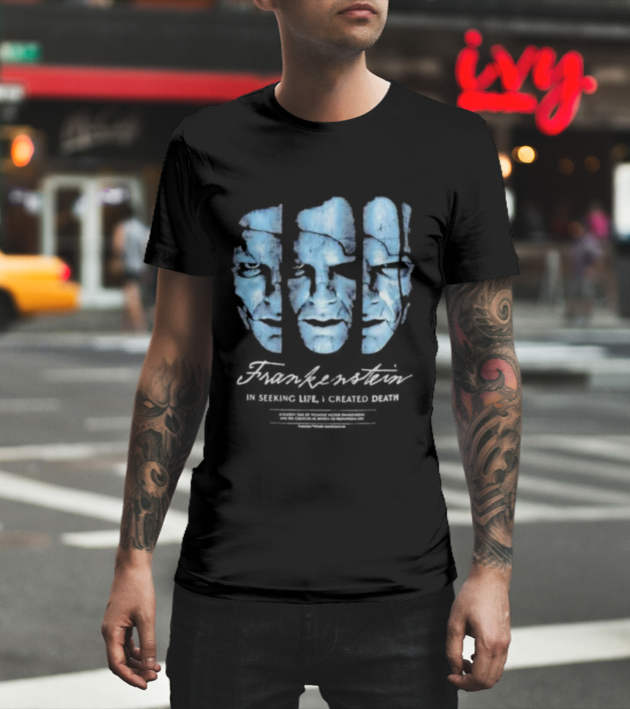 Frankenstein The Creature Seeking Life Created Death Split Face Design T-Shirt