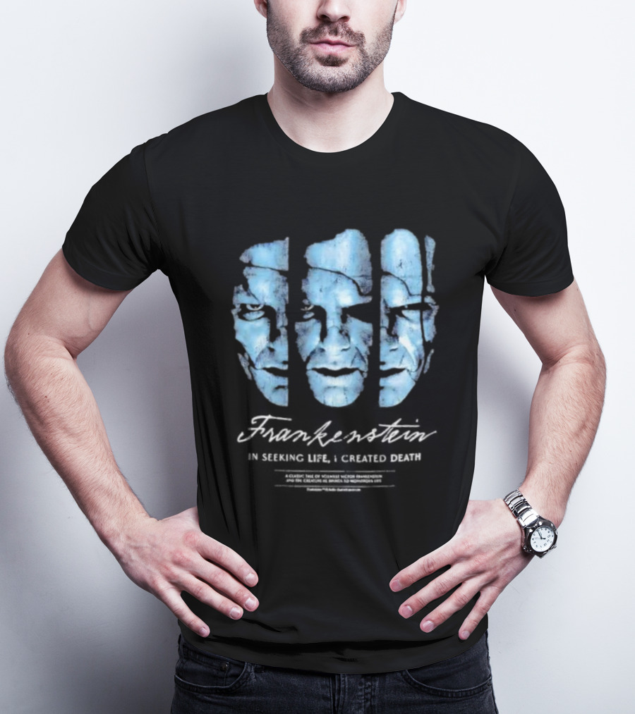 Frankenstein The Creature Seeking Life Created Death Split Face Design T-Shirt