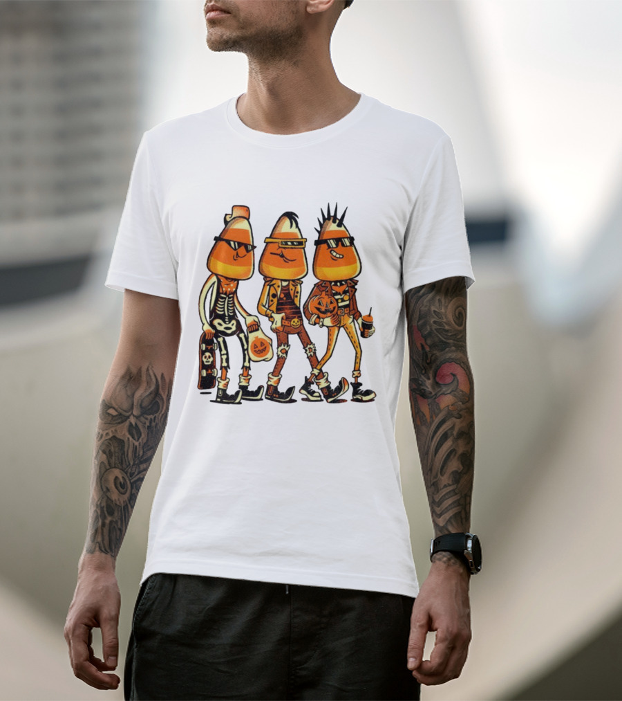 Candy Corn Punk Rock Skeleton Pumpkin Halloween Characters T-Shirt