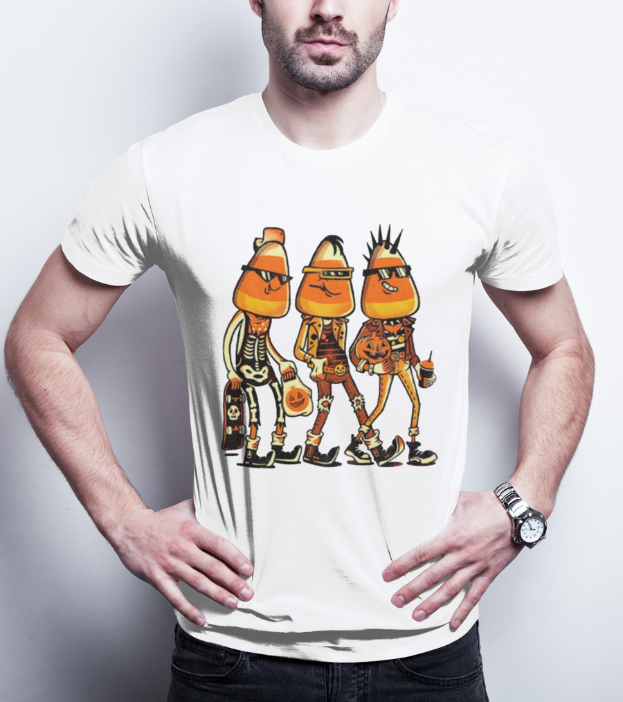 Candy Corn Punk Rock Skeleton Pumpkin Halloween Characters T-Shirt