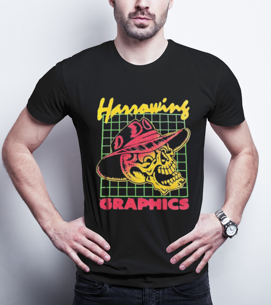 Harrowing Skull Cowboy Hat Graphics Retro Neon Style T-Shirt