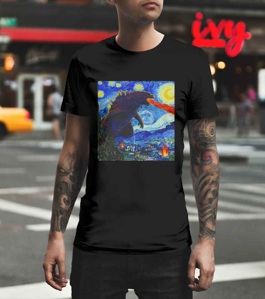 Godzilla Van Gogh Starry Night Mashup Scene T-Shirt
