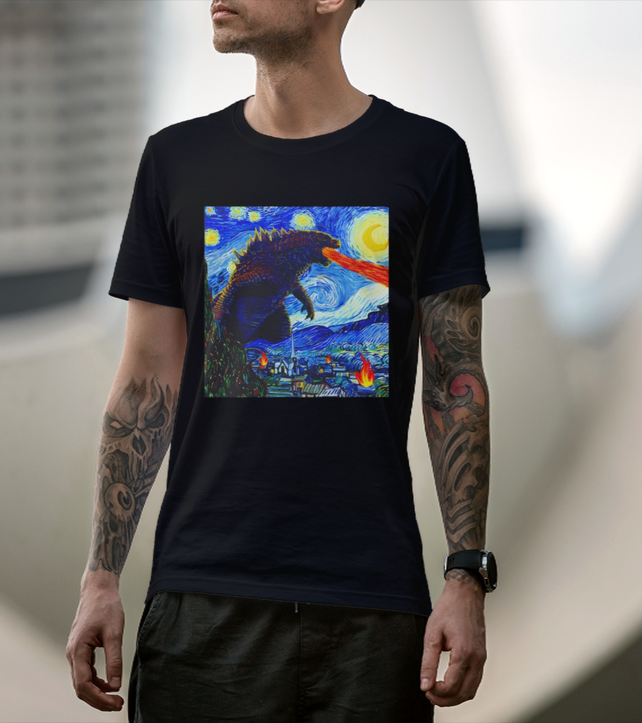Godzilla Van Gogh Starry Night Mashup Scene T-Shirt